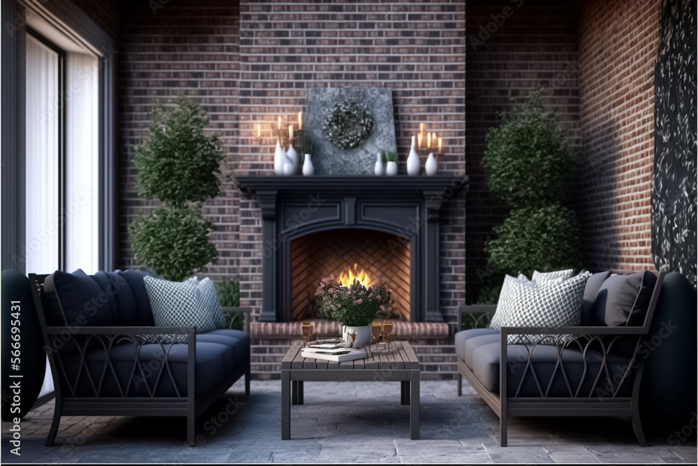 Cozy fireplace with firewood in the loft style home interior with brick ...