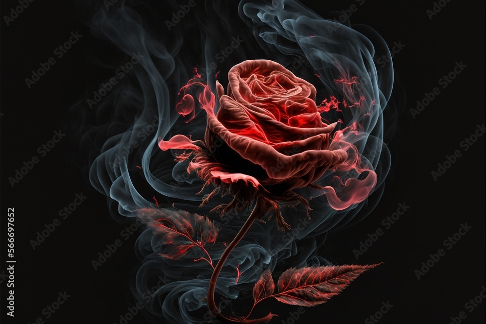 a red rose with smoke and leaves on a black background with a black ...