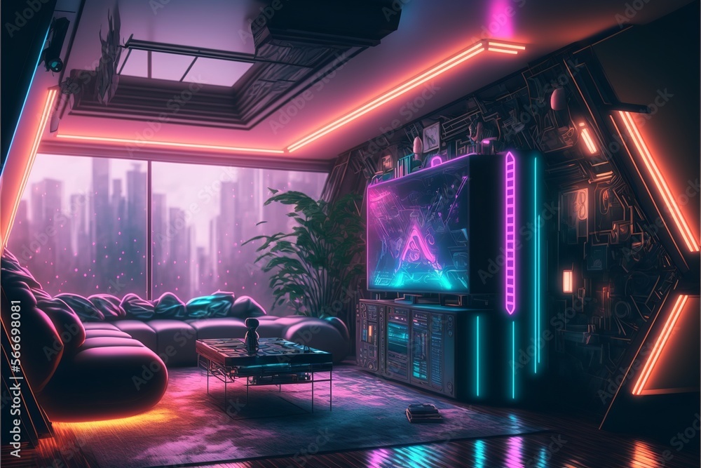 Futuristic Cyberpunk Style Living Room With A Big Screen Tv Potted