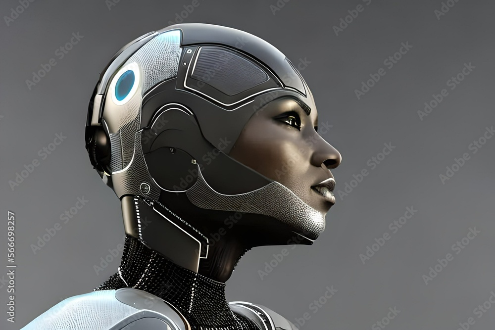 black humanoid half-human half-machine futuristic robot, sci-fi, iron ...