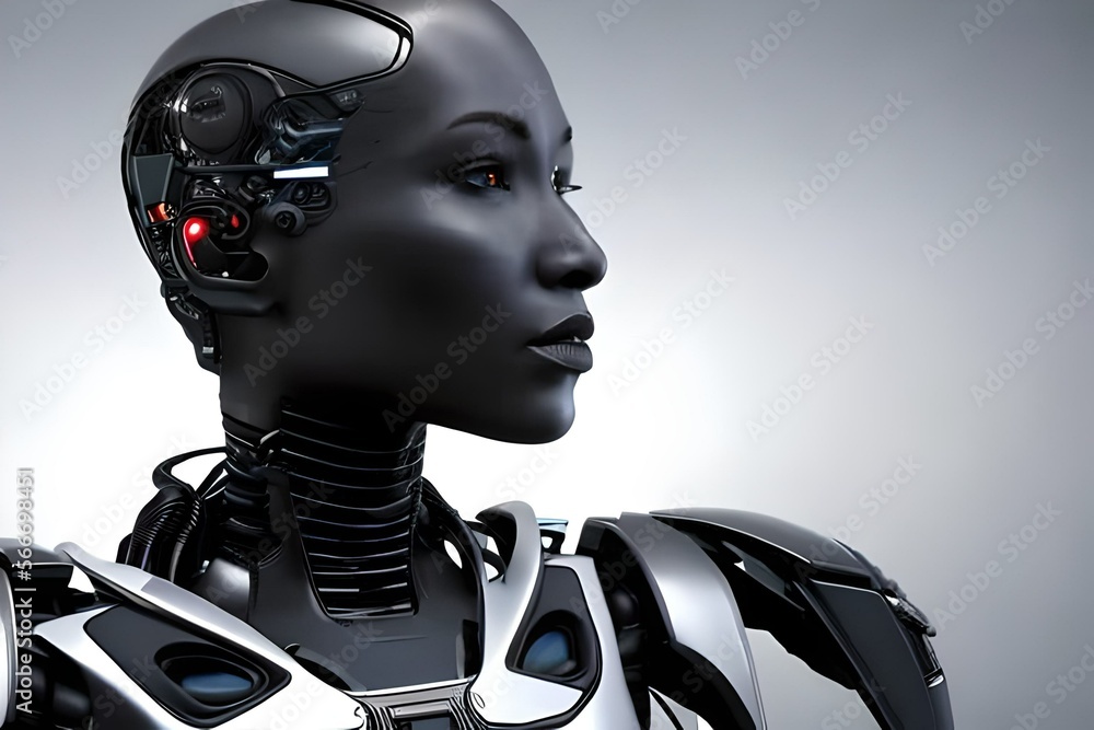 beautiful black humanoid futuristic robot, sci-fi, steel, looking to ...