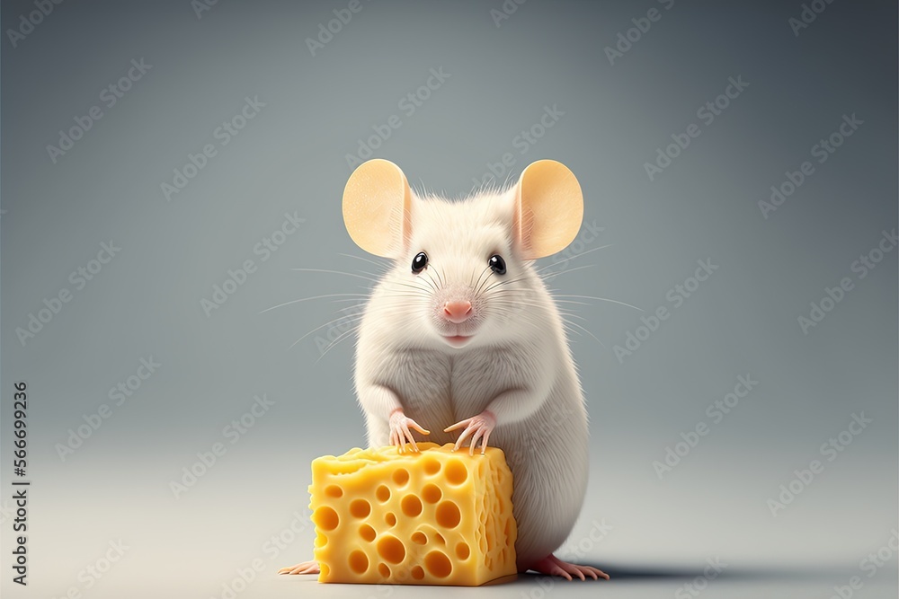 a mouse sitting on a piece of cheese with a piece of cheese in front of ...