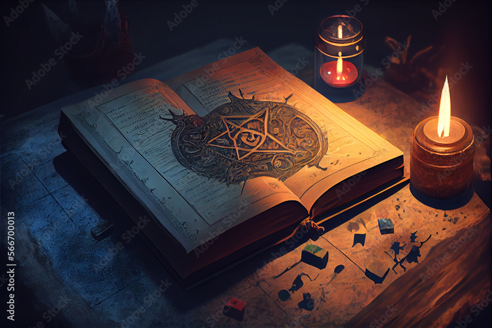 Old witch book with empty pages, lavender flowers, pentagram and ...