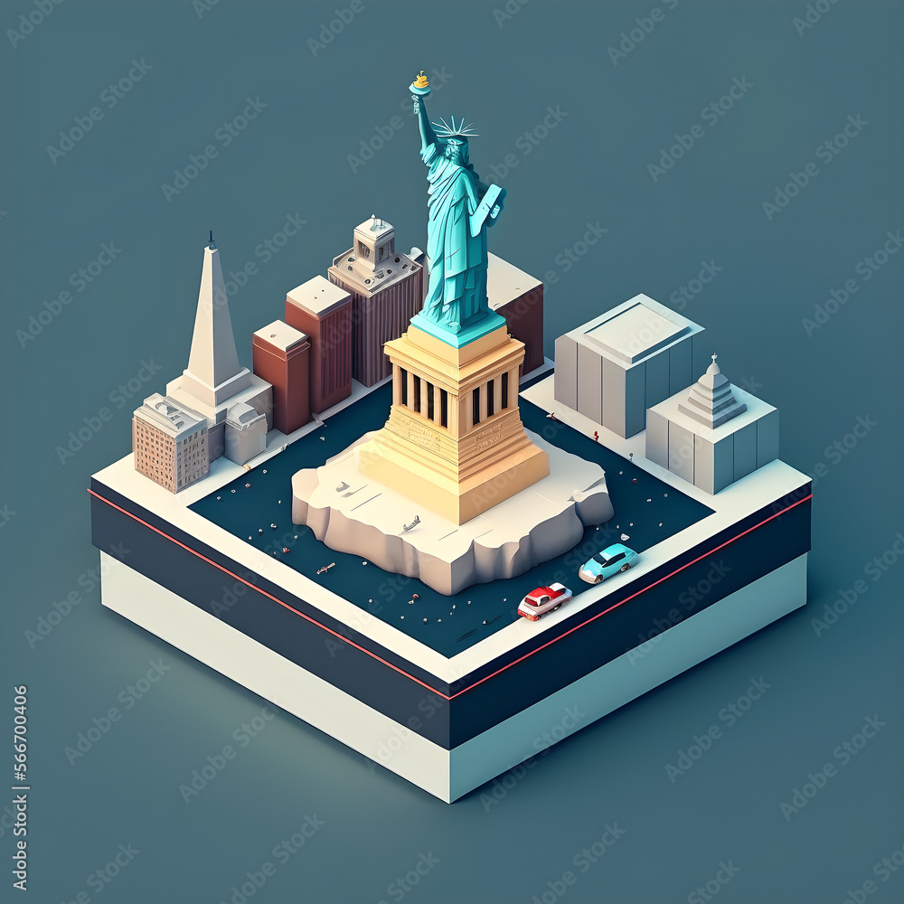 Isometric box of little New York, Statue of Liberty in center, 3d ...