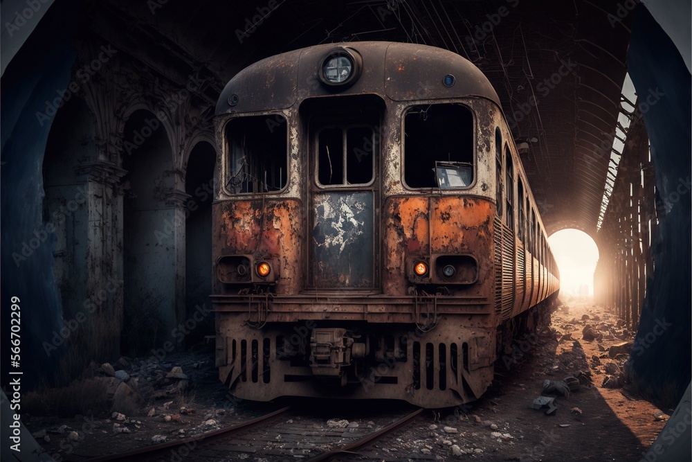 an old rusty train sitting in a train station next to a light at the ...