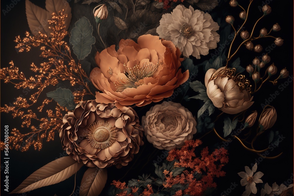 a close up of a bunch of flowers on a black background with leaves and ...