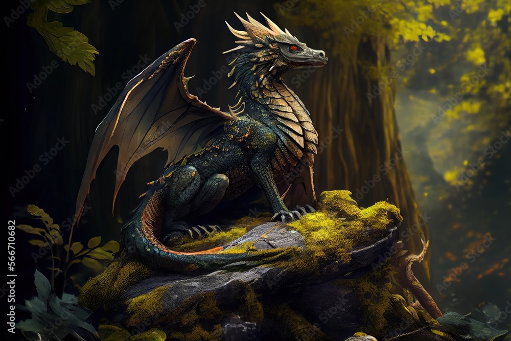 The Forest Dragon, Majestic Creature Sitting on Stone in the Green ...