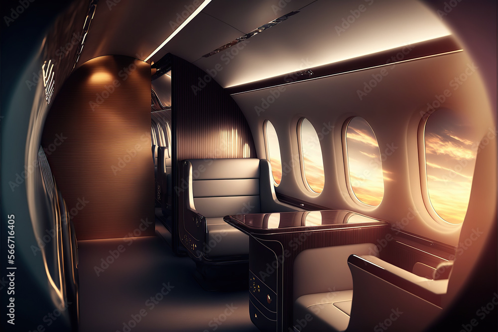 Interior of an empty luxury charter airplane interior with leather ...