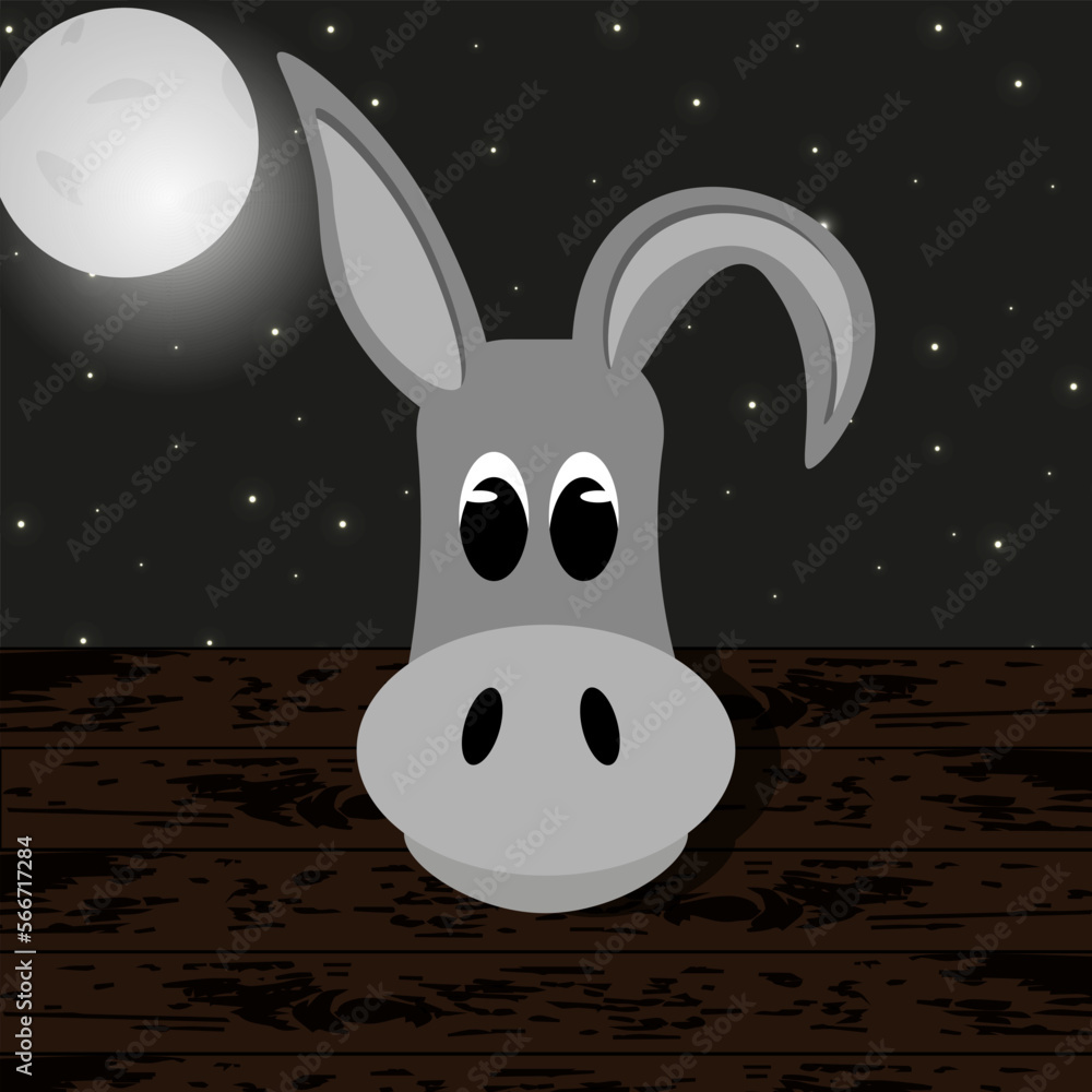 The donkey's head looks out of the wooden pen. Adorable burro against ...