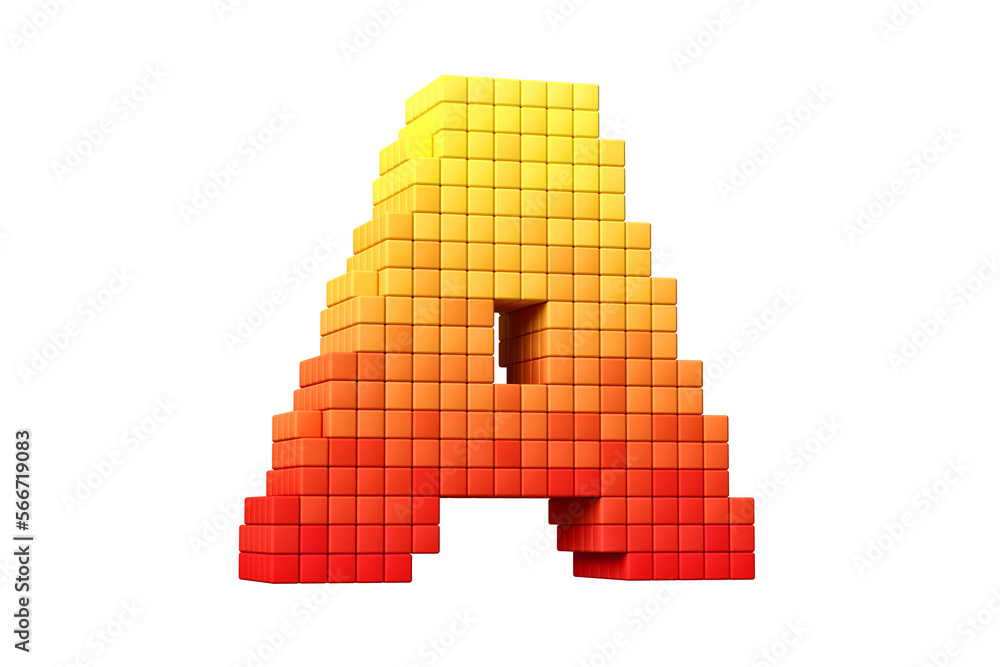 Chiptune 3D typography pixel art style letter A in yellow and orange ...