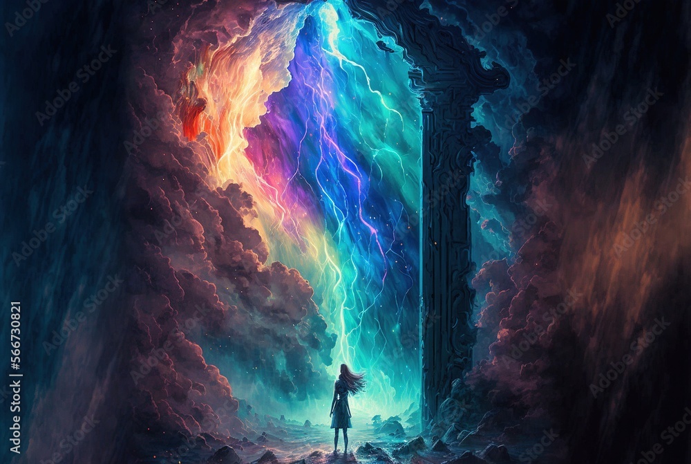 Lucid dream of Pillar of light, silhouette of human vivid watercolor ...