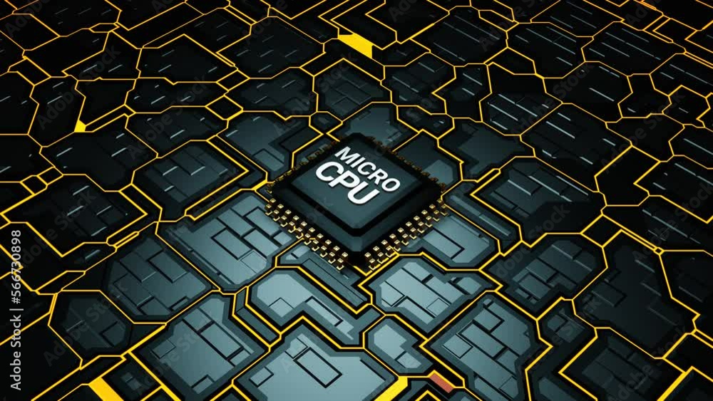 Micro CPU text on motherboard chip animation, 3D glowing electronic ...