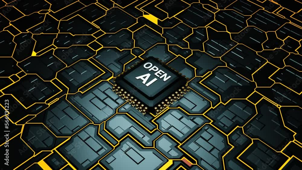 Open AI text on motherboard chip animation, 3D glowing electronic ...