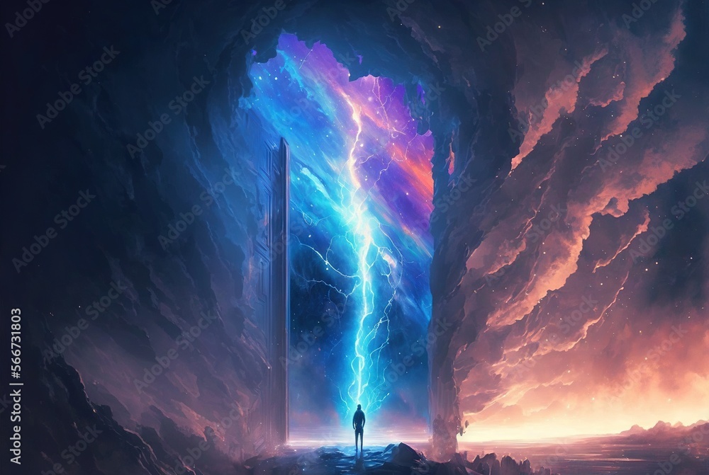 Stockillustratie Lucid dream of Pillar of light, silhouette of human ...