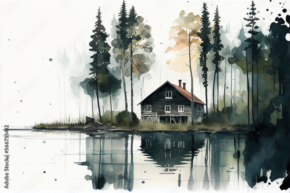 Cabin By The Lake Painting