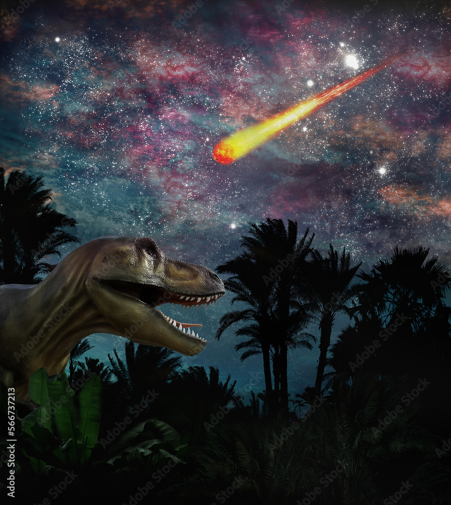 tyrannosaurus watching a meteorite fall on a starry night. The ...