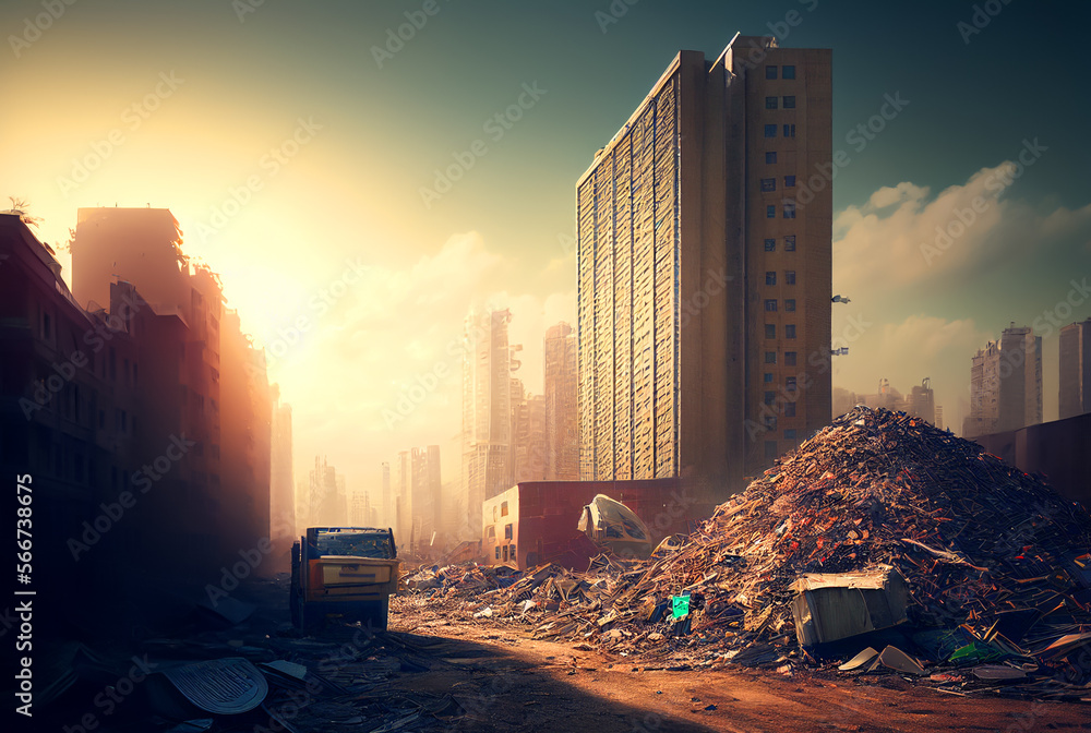Pile of garbage on street in city, AI Generative. Landfill in city near ...