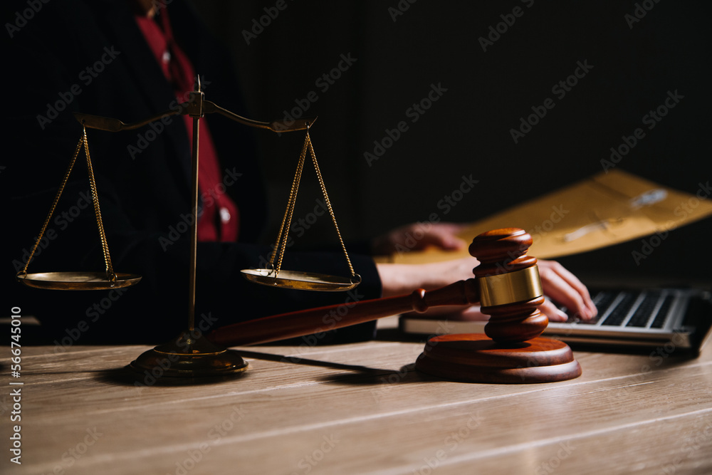 Justice and law concept.Male judge in a courtroom with the gavel ...