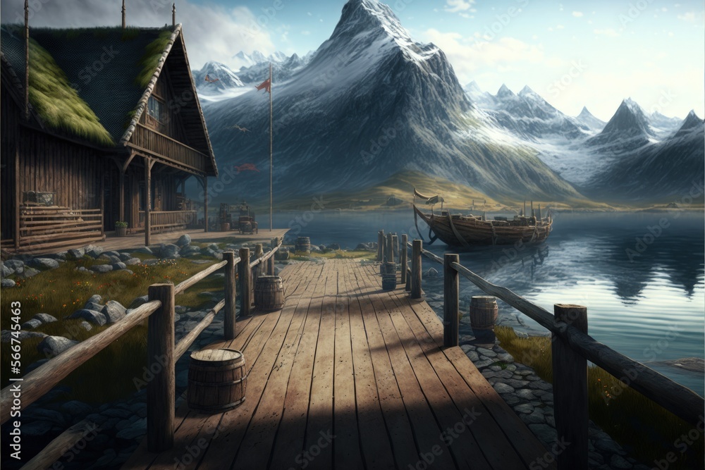 Viking village landscape with mountains, river and rustic houses ...