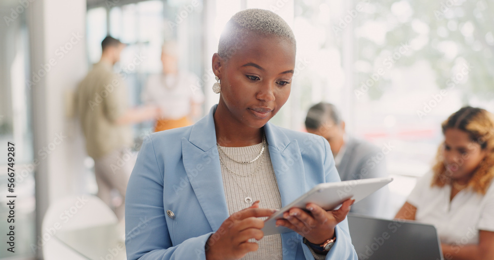 Woman, thinking or business tablet in coworking space, modern office or ...