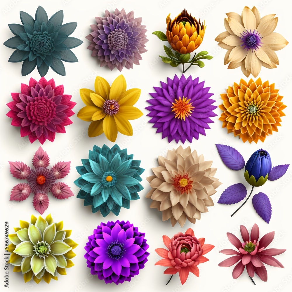 Collection Beautiful 3D color flowers Isolated on white background ...