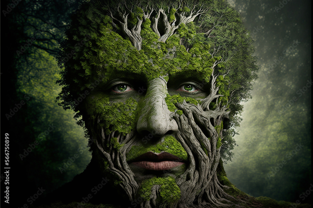 rosto integrado a arvore gigante préhistórica em floresta enraizada com ...