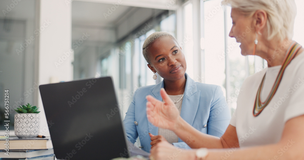 Strategy, tablet and women in discussion in business meeting for ...
