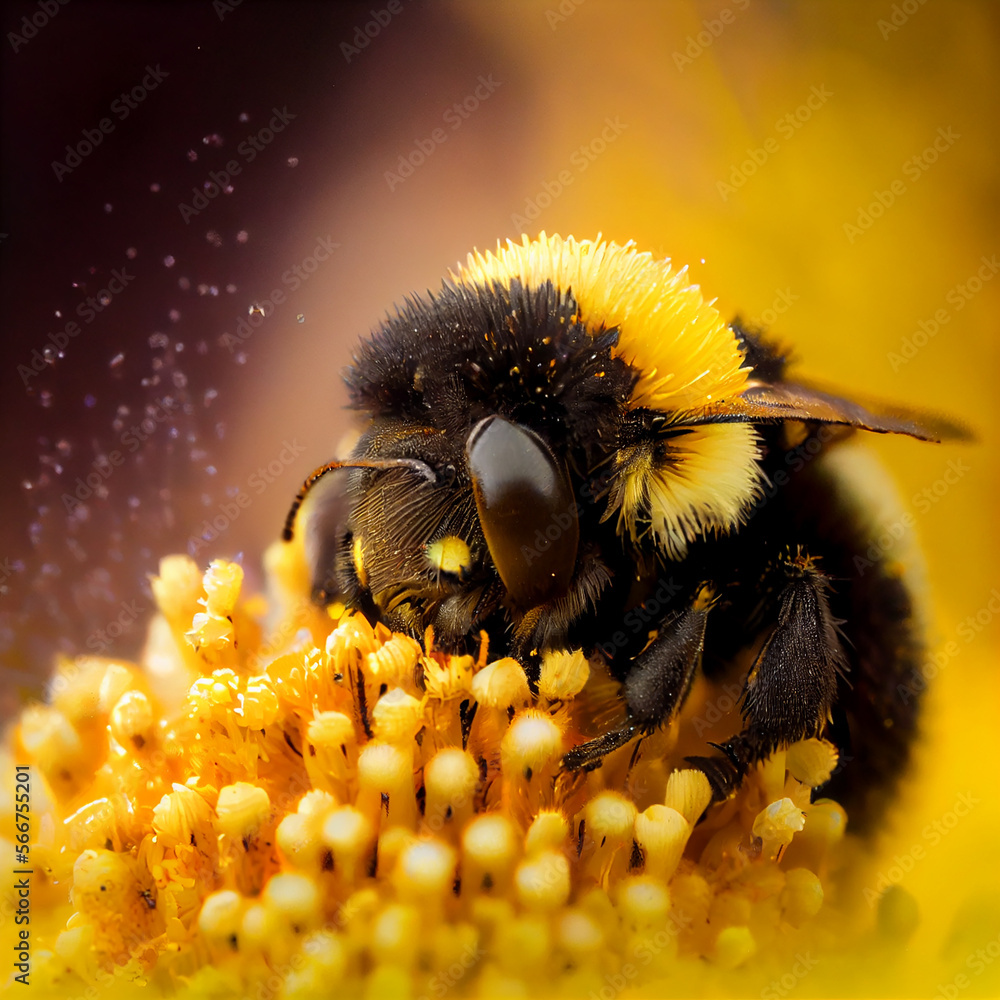 fluffy bumblebee its bee behind covered with speckles of pollen with ...