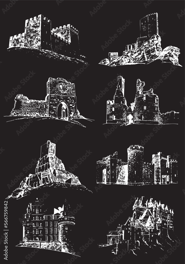 Graphical set of medieval catles isolated on black, vector illustration ...