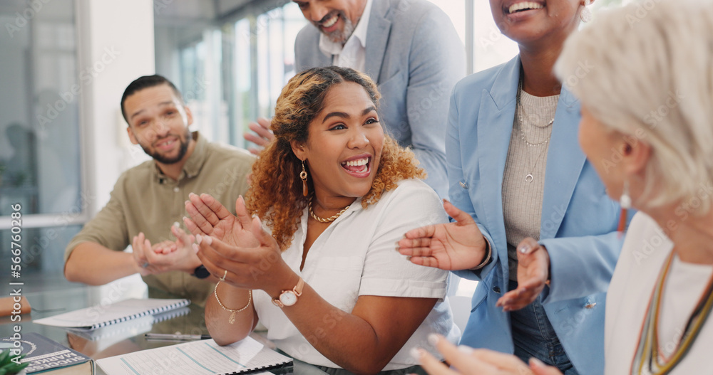 Business people, applause or success in diversity meeting for marketing ...
