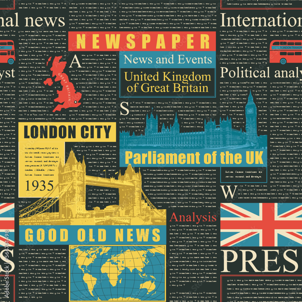 Vector seamless pattern with UK or London newspaper. Page of newspaper ...