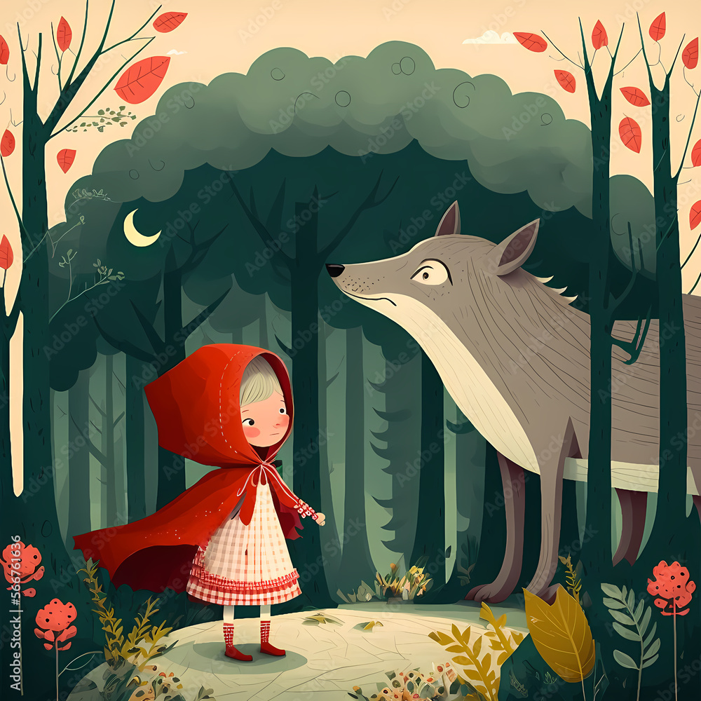 Storybook Fairytale Style Image of Red Riding Hood Encountering a ...