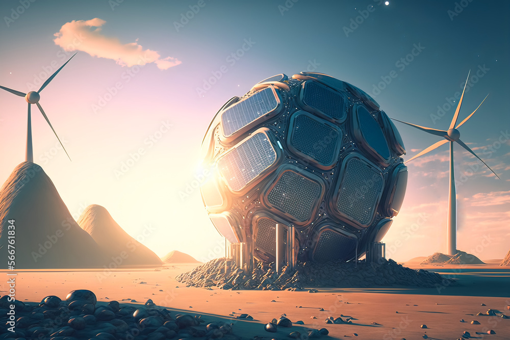 Futuristic solar panels, house and wind turbines that use green energy. Generative AI. Green ...
