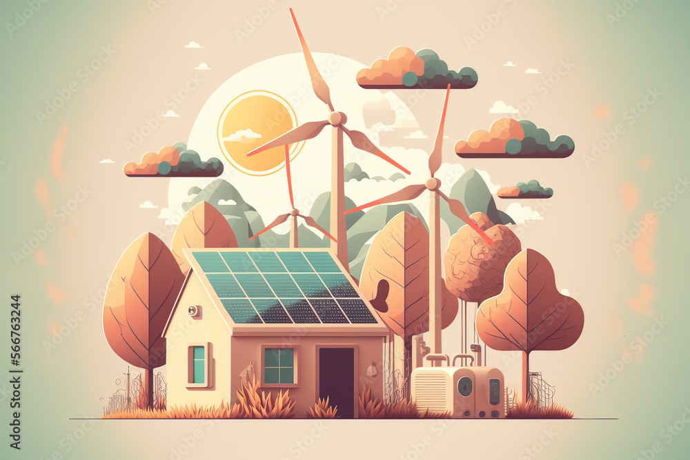Solar panels, house and wind turbines that use green energy. Flat style ...