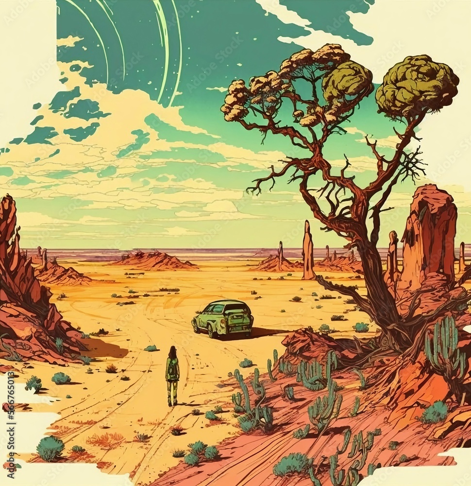 Hiker an Alien Desert Planet with a Swirling Moon and Off-road Vehicle ...