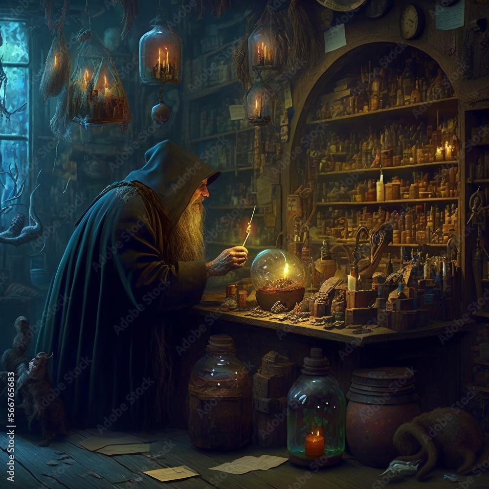 Evil Sorcerer Casting a Spell in His Workshop Full of Ingredients ...
