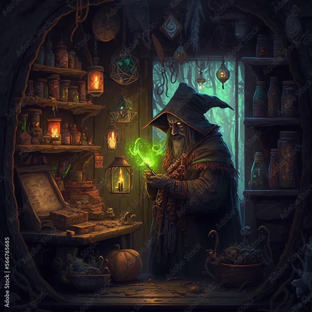 Evil Sorcerer Casting a Spell in His Workshop Full of Ingredients ...
