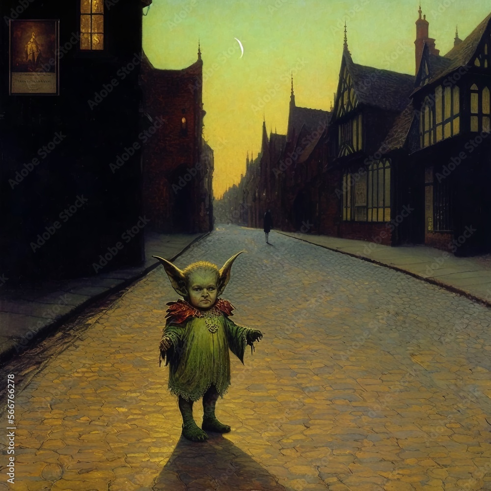 Vintage Painting of a Goblin Child on Night Time Cobblestone Street in ...