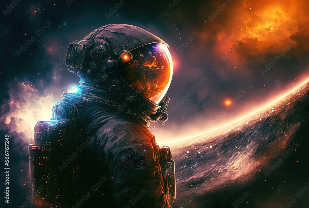 a person stand in front of spacecraft vehicle machine with glow light ...