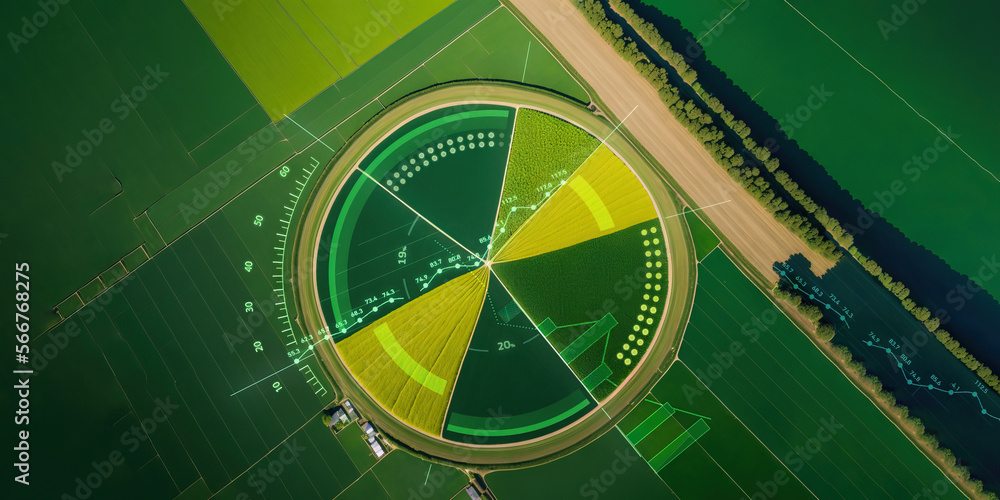 Aerial view of cultivated agricultural farming land with vivid green ...