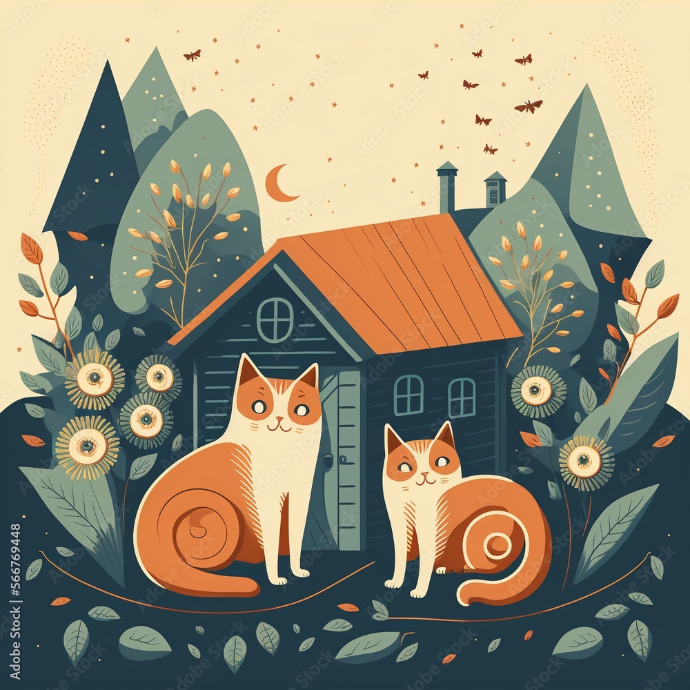 Cute Cottagecore Cats by a House Surrounded by Flowers, Moon, and ...