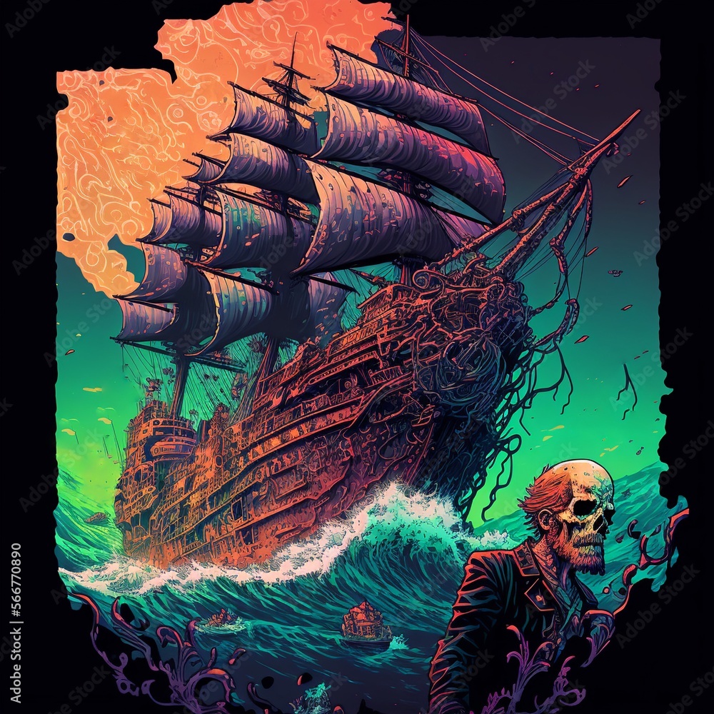 Colorful Retro Graphic Novel Image of A Cursed Pirate Ship and an ...