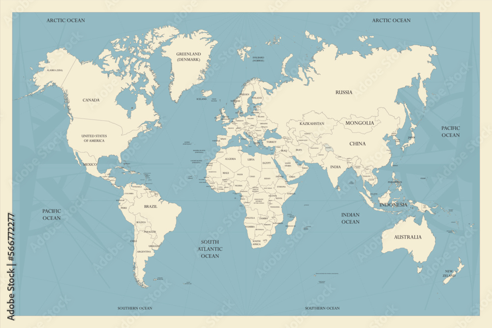 Textured vintage world map. Vector 10 eps. English US language. Stock ...