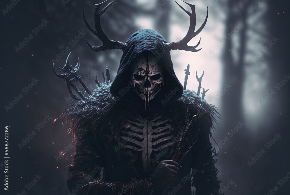 skeleton monster with antler standing at front of dark forest Stock ...
