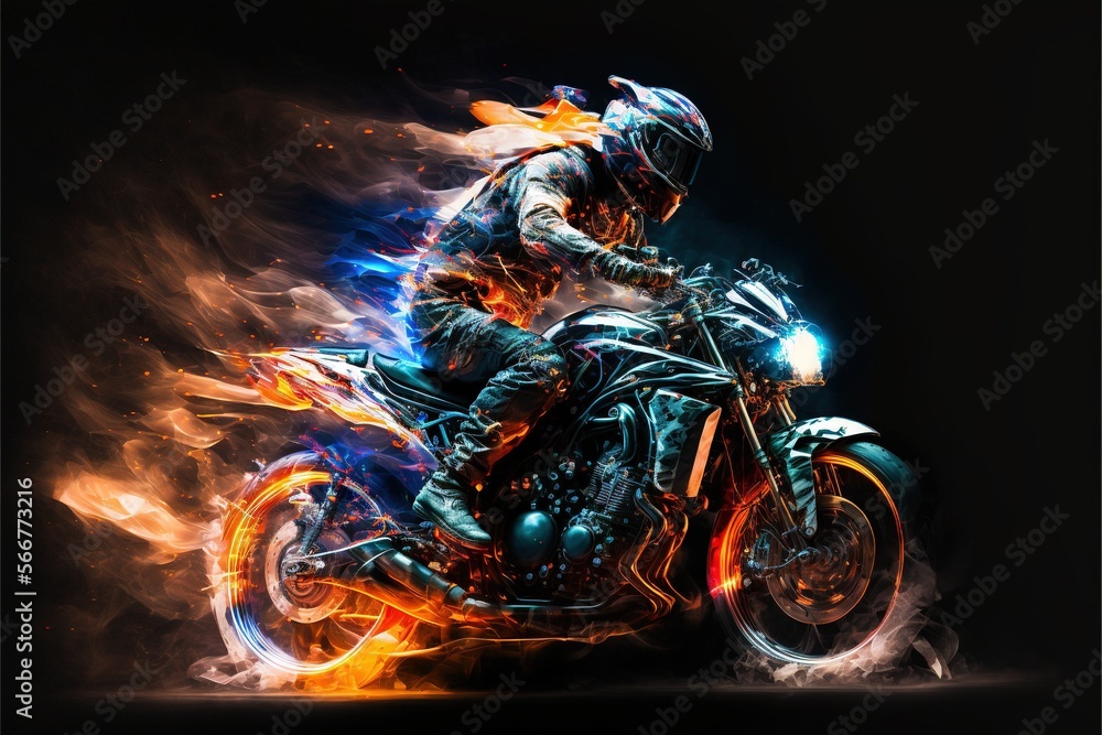 a man riding a motorcycle with flames coming out of it, wearing a ...