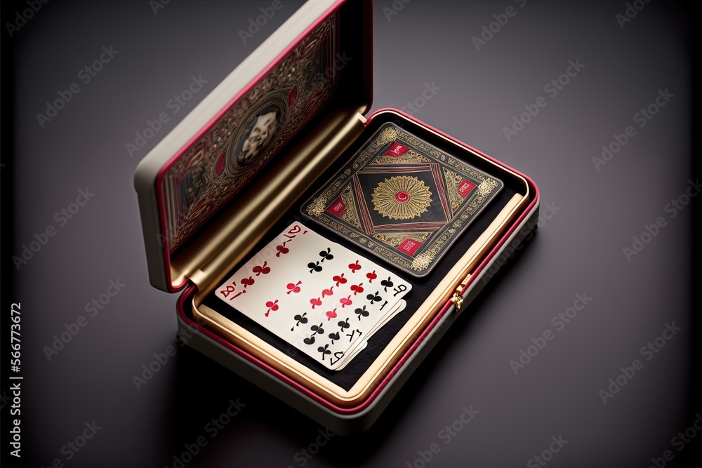 an open playing card case with playing cards in it on a black surface ...