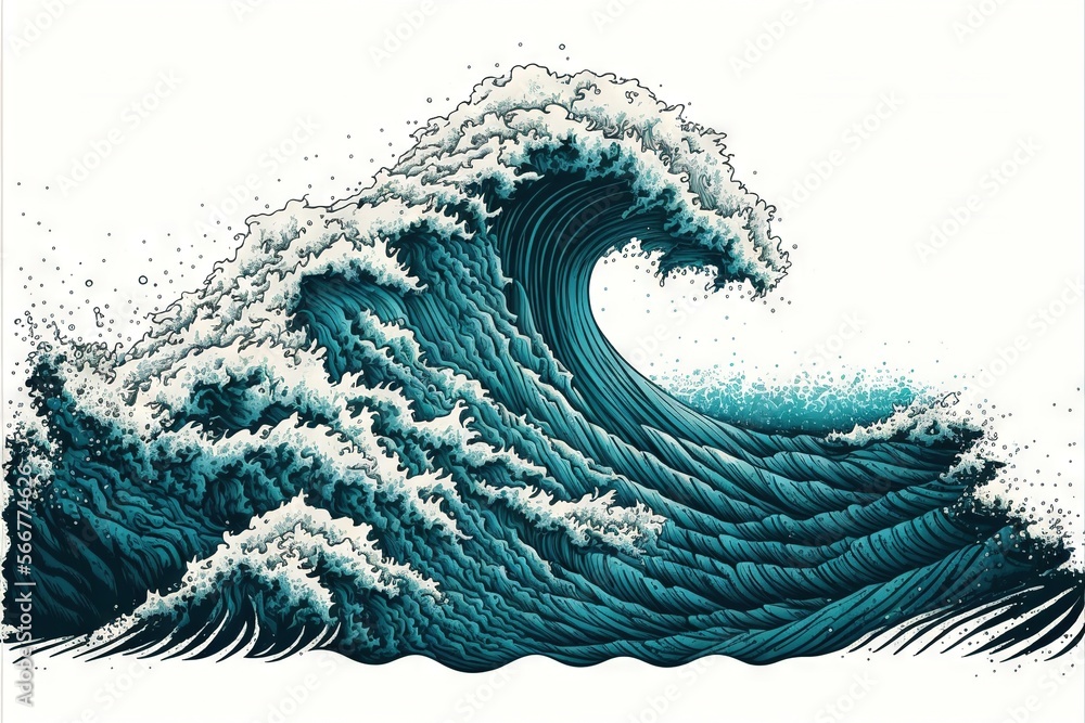 a drawing of a large wave in the ocean on a white background with a ...