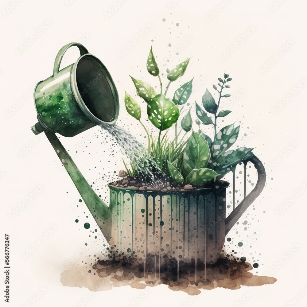 watercolor painting of green plants being watered with a watering can ...