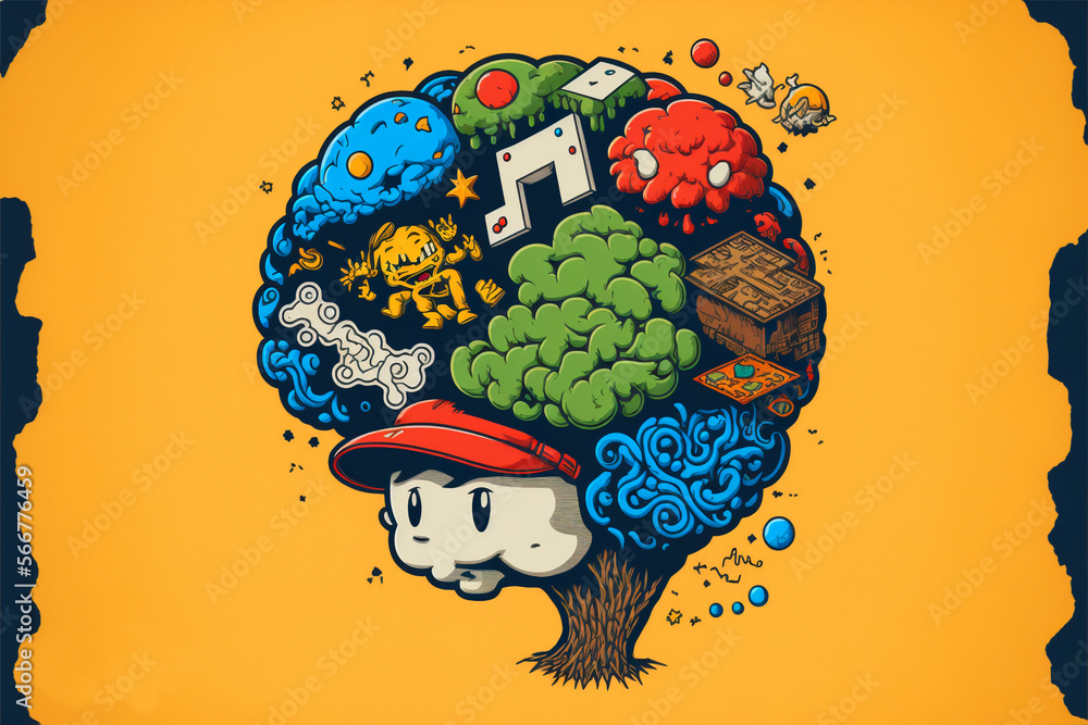 Illustration of a cartoon style brain of a child or teen. Brain full of ...