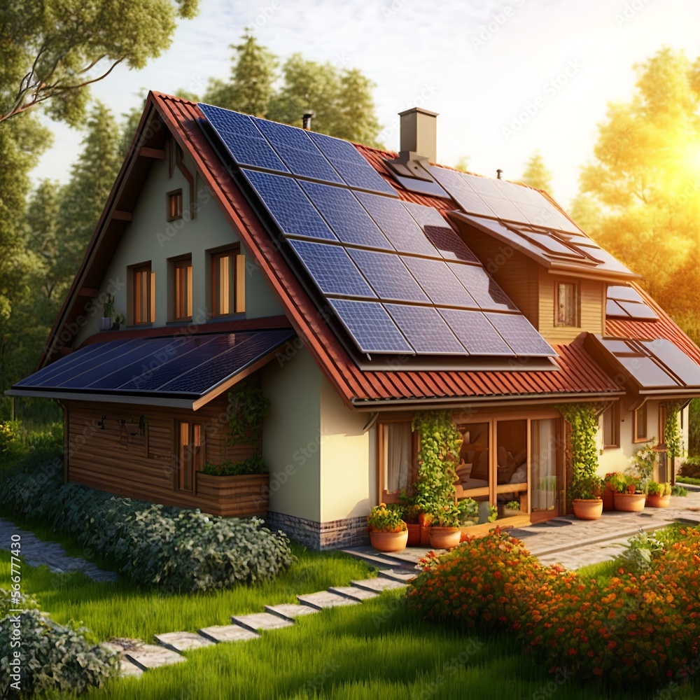 ภาพประกอบสต็อก House with solar panels on the roof, ideal for ...